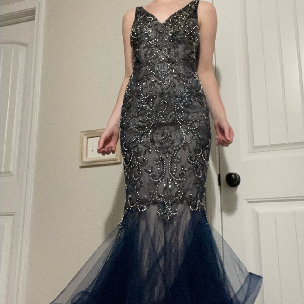 Beautiful Beaded Navy Mermaid Style Dress - Gem